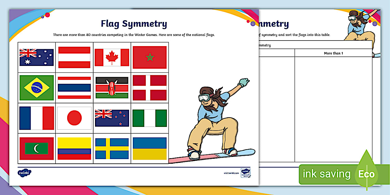 KS1 Winter Games Country Flag Symmetry Sorting Activity