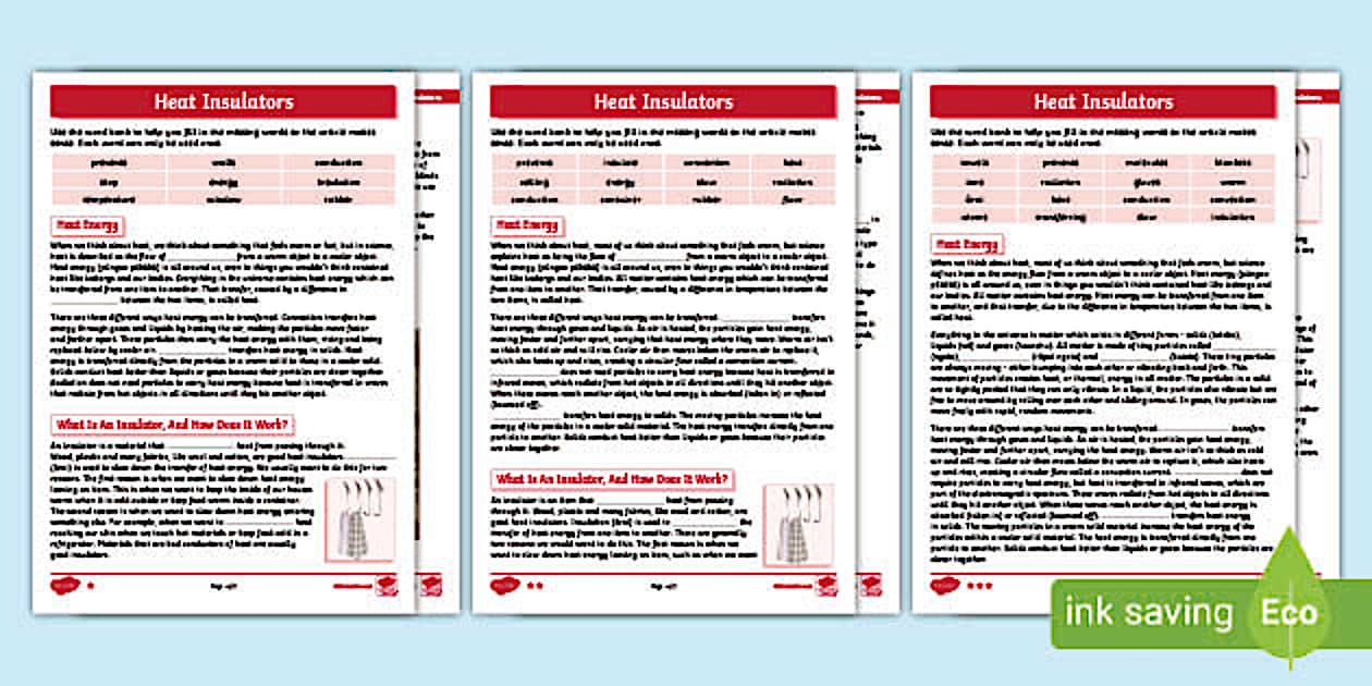 Heat Insulator Differentiated Cloze Activity - Twinkl