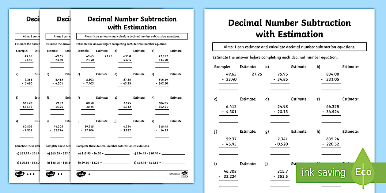 TAS Decimal Number Subtraction with Estimation Differentiated Worksheets