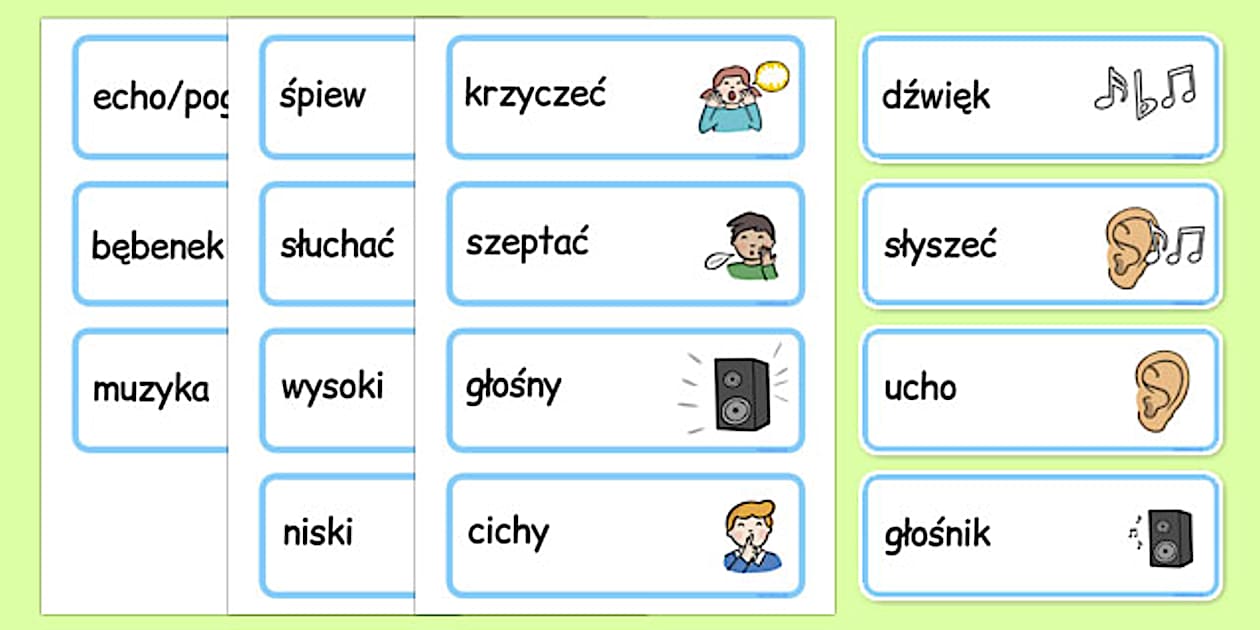 Karty ze słownictwem Dźwięk i słuch po polsku - Twinkl