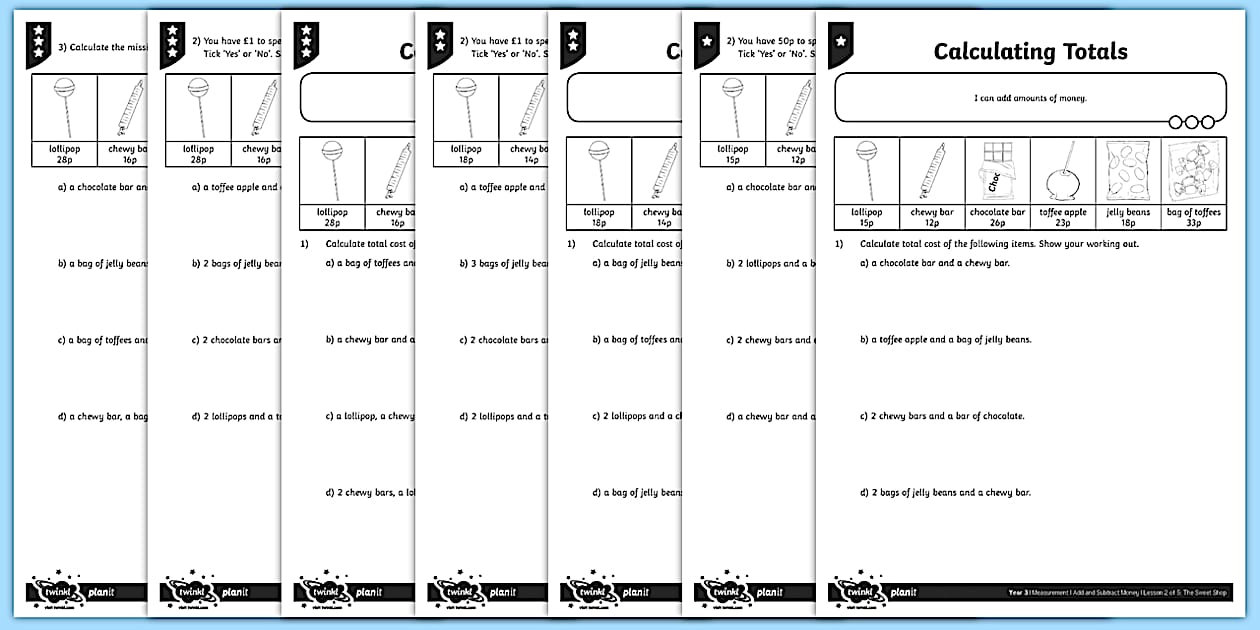 Middle Ability Calculating Totals Differentiated Worksheets