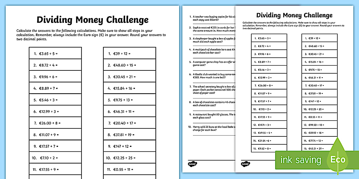 Teacher-Made KS2 Dividing Money Worksheets | Twinkl - Twinkl
