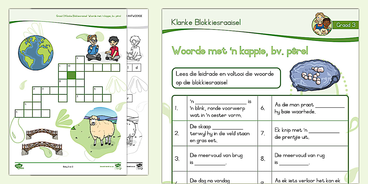 Graad 3 Klanke Blokkiesraaisel Woorde met 'n kappie, bv. pêrel