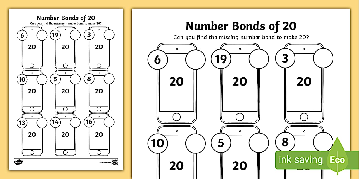 Numbers Bonds of 20 Mobile Phone Themed Activity Sheet
