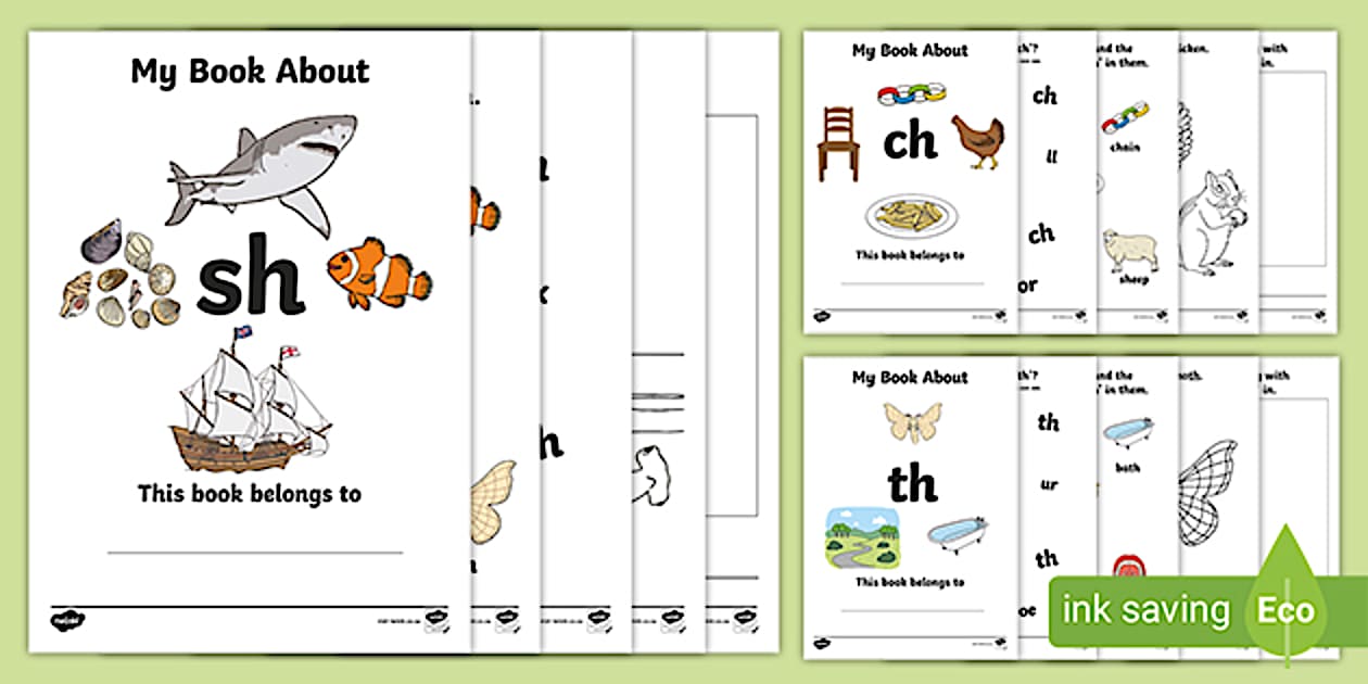 Black and White Grade 1 Phonics Digraphs Worksheets Booklet Pack