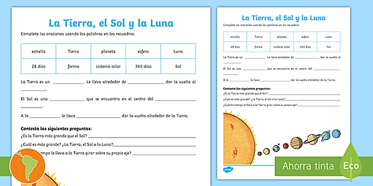 Ficha de actividad: El Sol, el Planeta Tierra y la Luna- Guía de trabajo