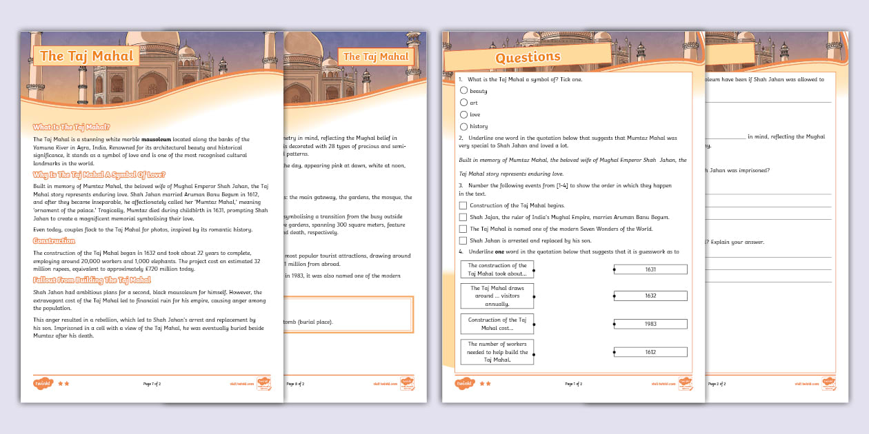 LKS2 Taj Mahal Differentiated Reading Comprehension Activity