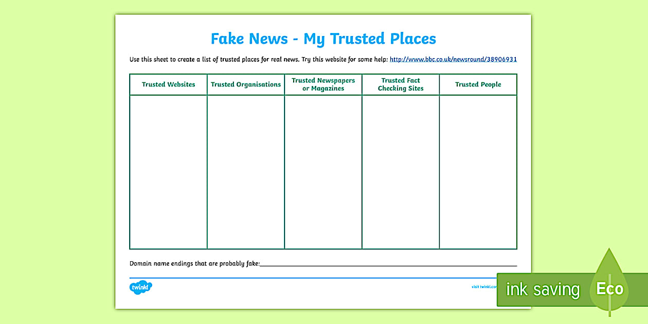 KS2 Fake News My Trusted Places Worksheet / Worksheet
