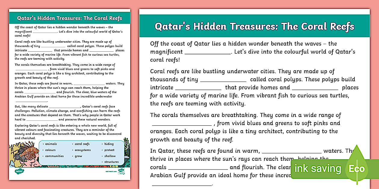 Coral Reefs in Qatar Worksheet (teacher made) - Twinkl