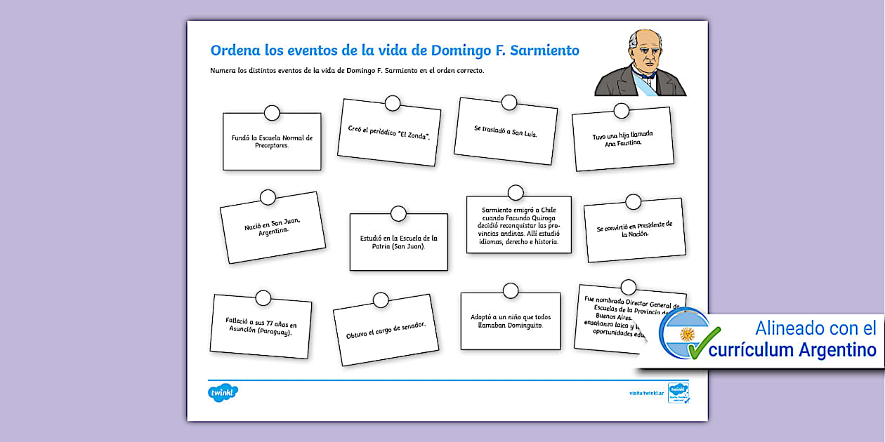 Ordena los eventos de la vida de Domingo F. Sarmiento