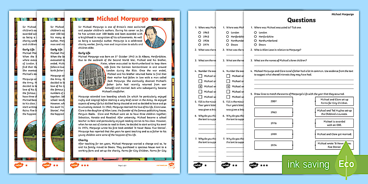 Michael Morpurgo Reading Comprehension Activity - Twinkl