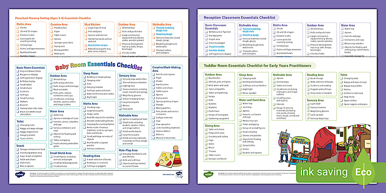 Room Essentials Checklists for Kindergarten Settings - Twinkl