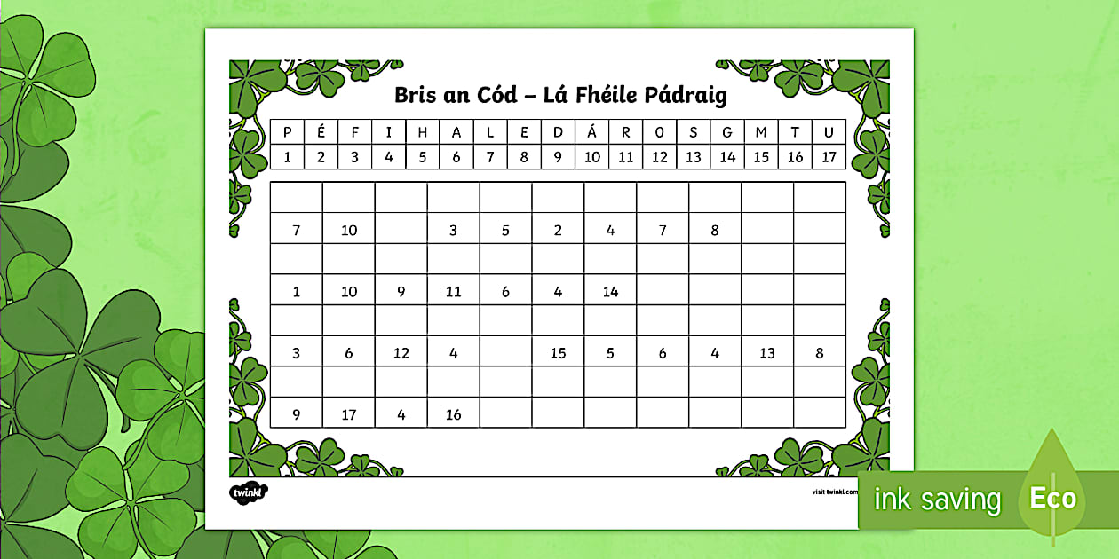 Black and White St. Patrick's Day Crack the Code Worksheet Gaeilge