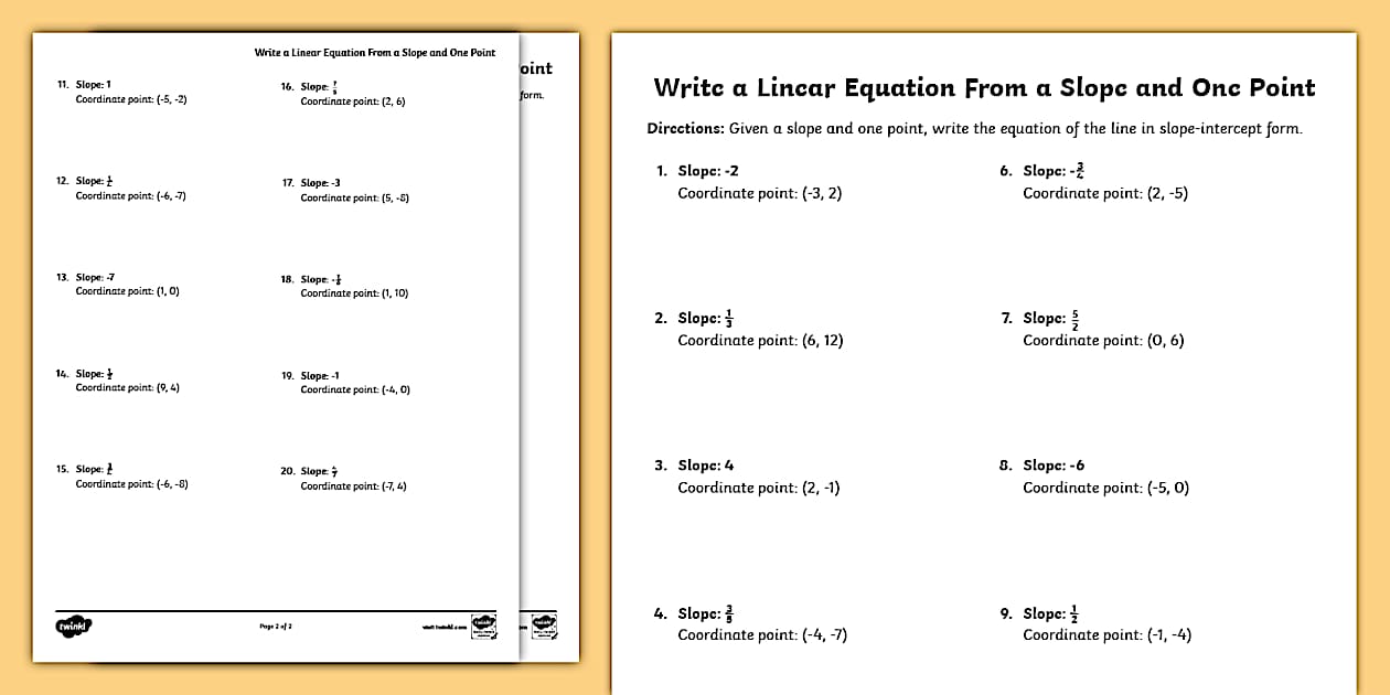 Eighth Grade Write a Linear Equation From a Slope and One Point
