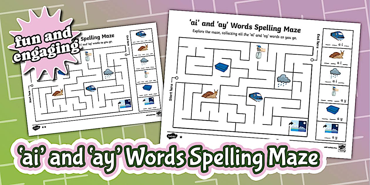 'ai' and 'ay' Words Spelling Maze Activity Sheets