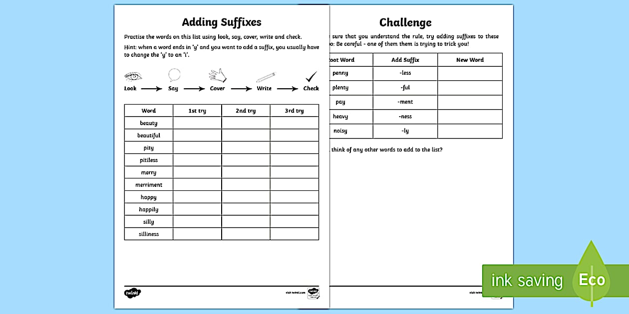 Spelling Practice Adding Suffixes to Words Ending with 'y'. (age 6-7)