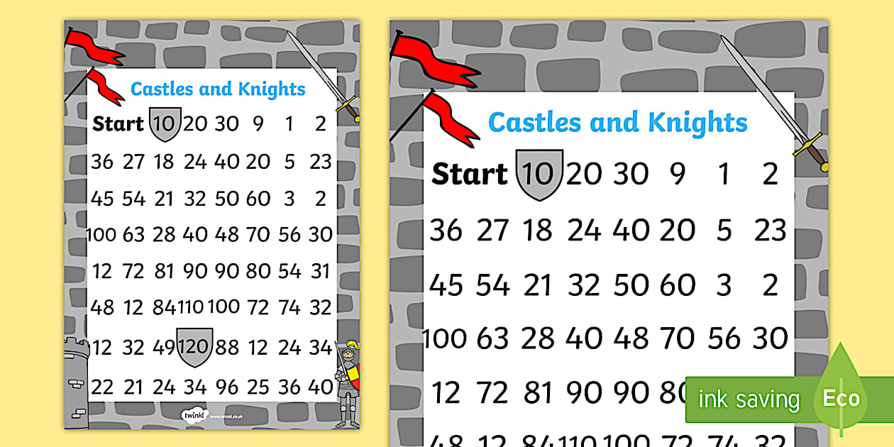 Black and White Castles and Knights Counting in 10s Maze Worksheet