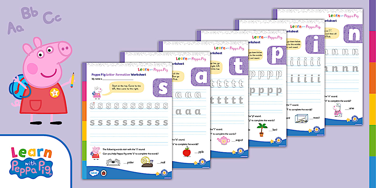 FREE! - Peppa Pig: s, a, t, p, i, n, m, d Letter Formation Worksheet