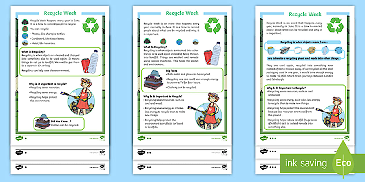 First Level Recycle Week Differentiated Reading Comprehension Activity