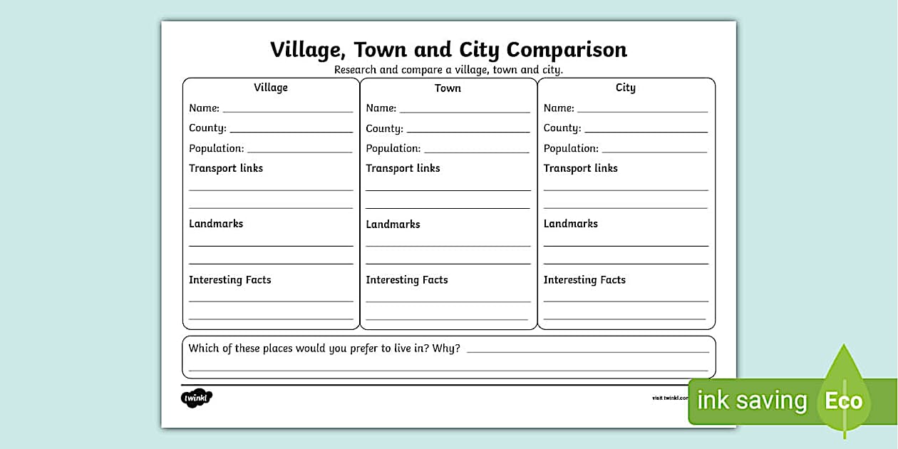 KS1 Village, Town and City Comparison Activity Sheet