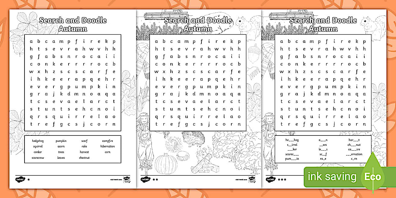 Search and Doodle Autumn Word Search - Twinkl