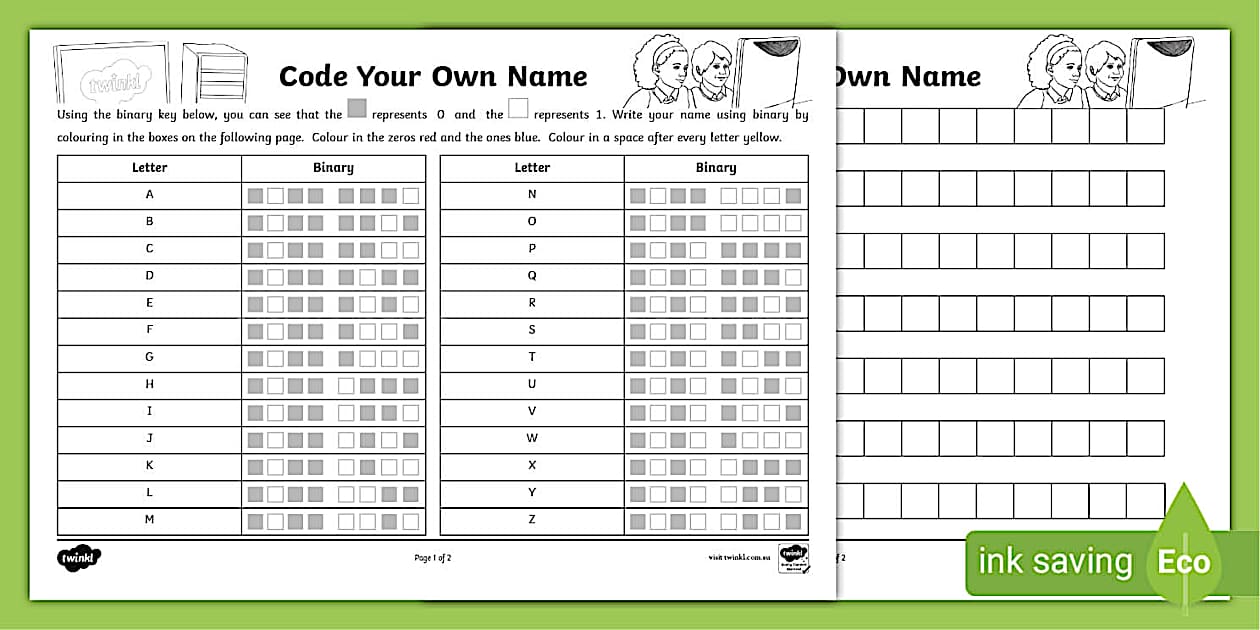 Code Your Own Name Worksheet (l'enseignant a fait) - Twinkl