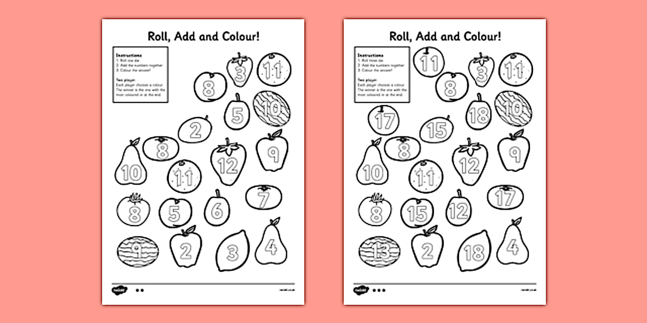 Fruit Roll and Colour Three Dice Addition Activity - Twinkl