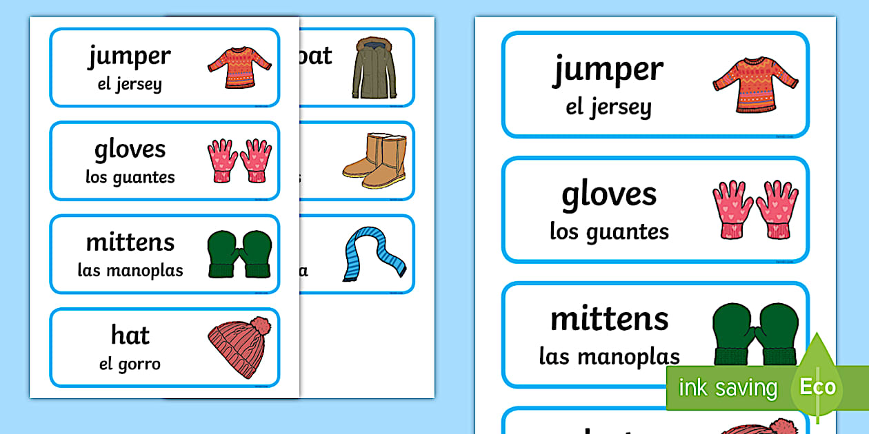 Winter Word Cards - English / Spanish - Winter Clothes Word Cards