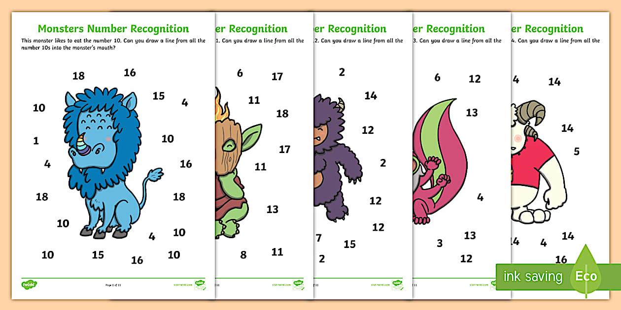 Editable Number Recognition 10-20 Monster Worksheet - Twinkl