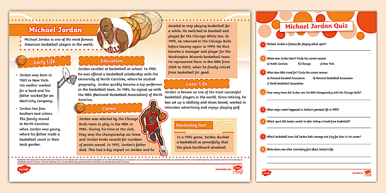 Michael Jordan Fact File and Quiz - KS2 - Athletes - Twinkl