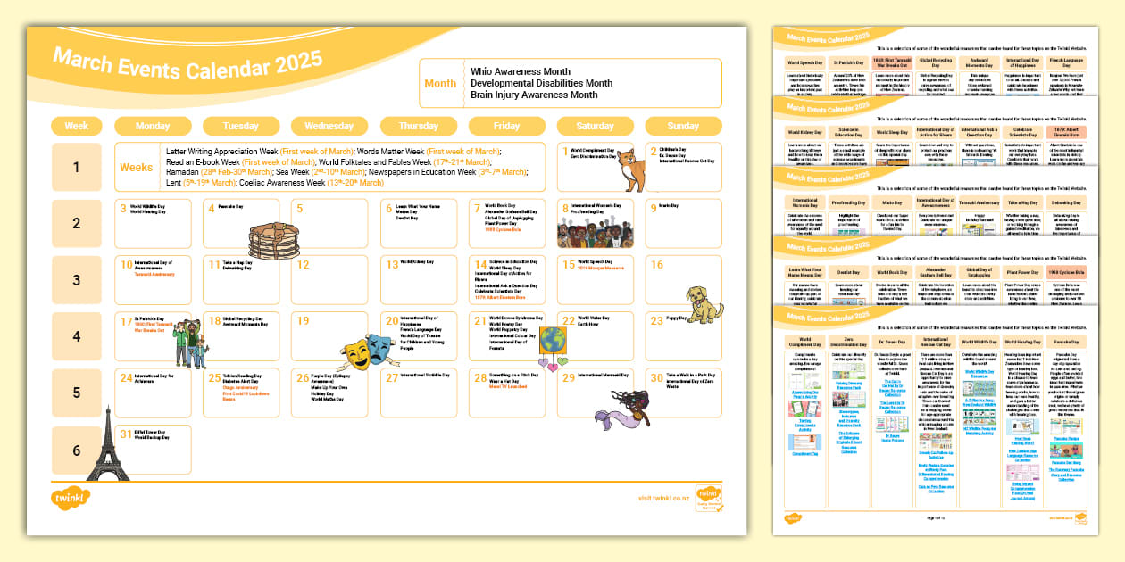 March Events Calendar 2025 (teacher made) - Twinkl