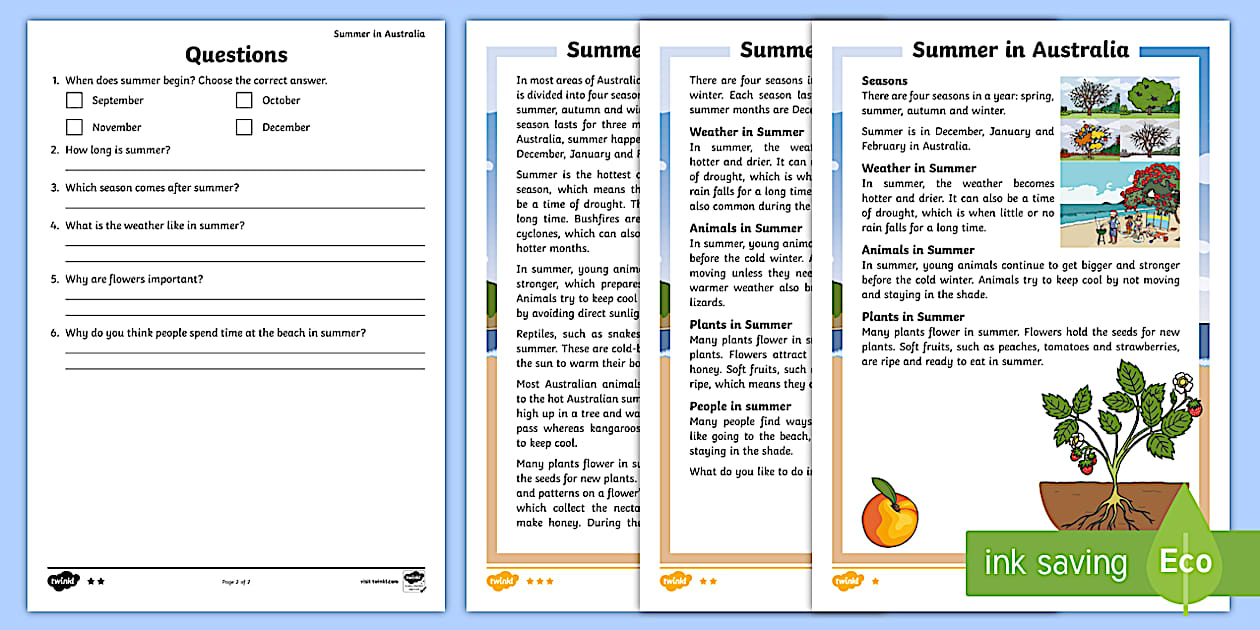 QLD F-2 Summer in Australia Differentiated Reading Comprehension Activity