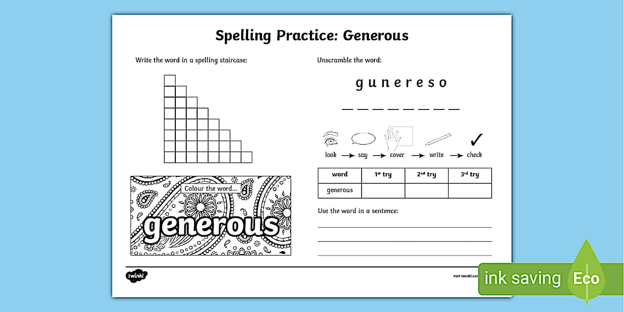 Generous Spelling Practice Worksheet (teacher made) - Twinkl
