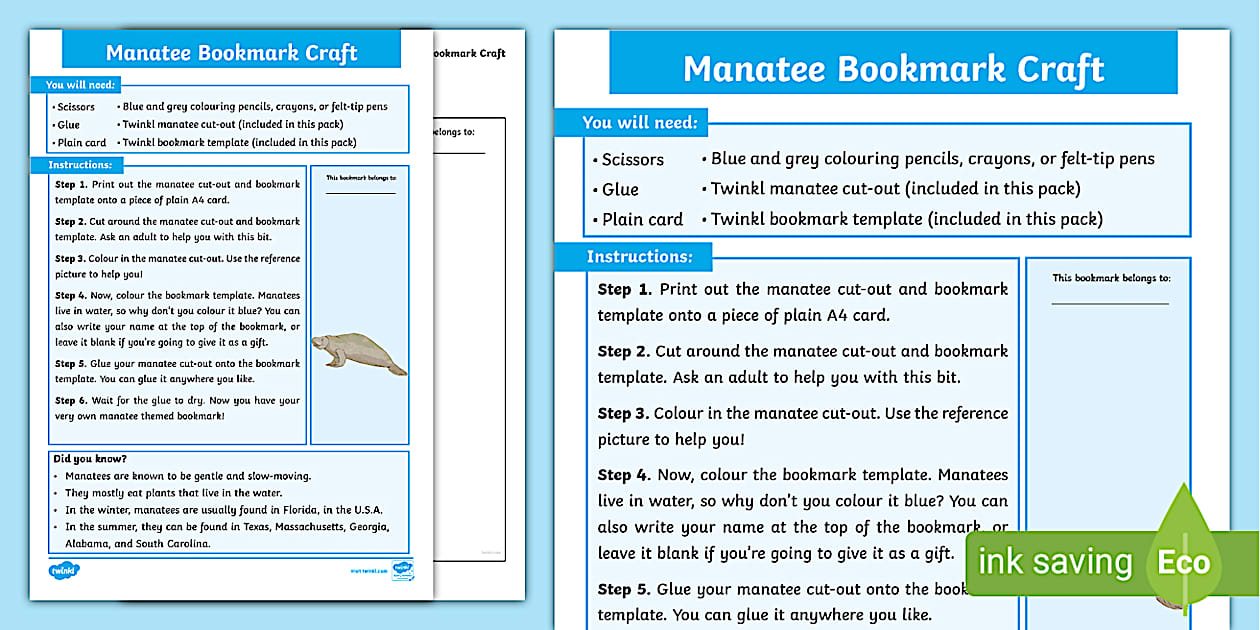 Manatee Bookmark Craft | Twinkle Crafting Activity KS1