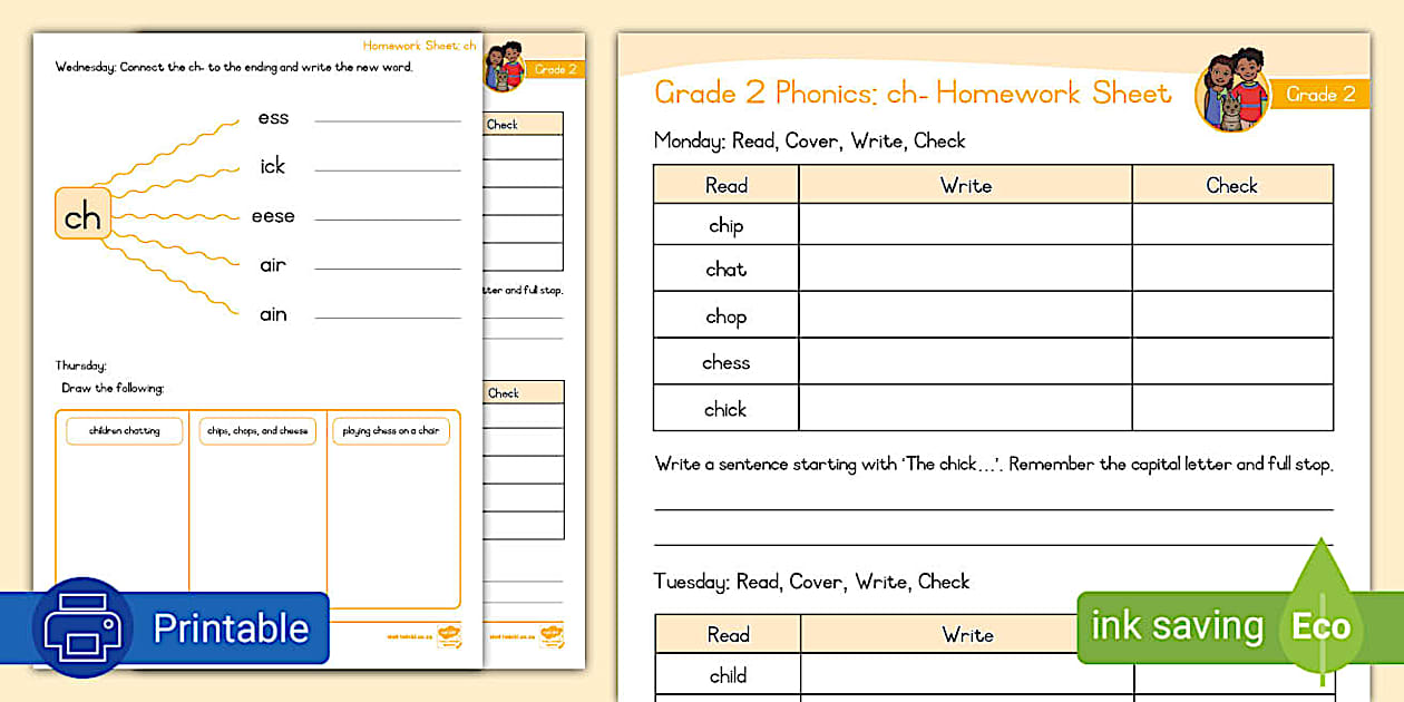 Grade 2 Phonics: ch-: Homework Sheet (teacher made) - Twinkl