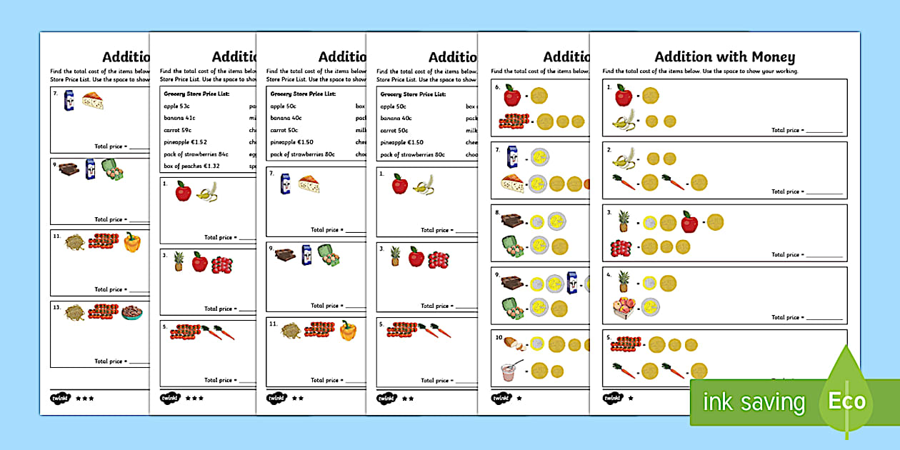 Editable Addition with Euros Money Worksheet (teacher made)