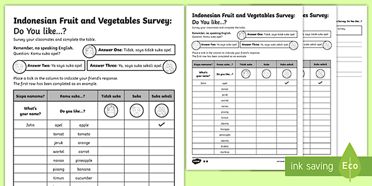 Indonesian Fruit and Vegetables Survey Differentiated Worksheet