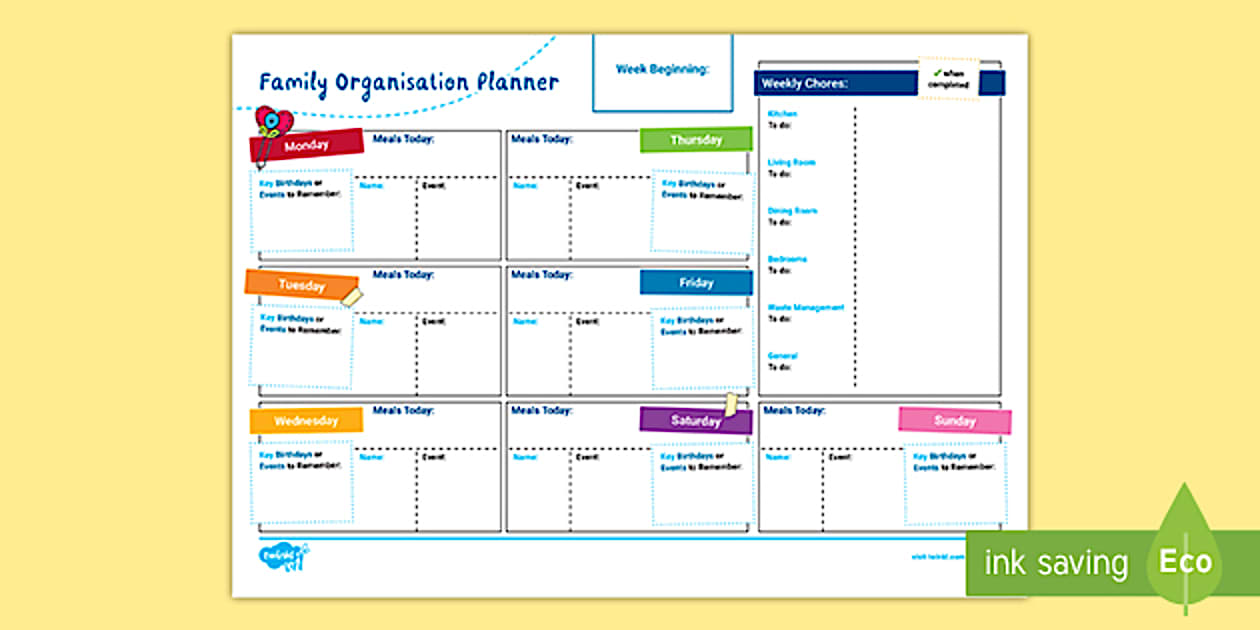 Staff Family Organisation Planner - Staff Wellbeing - Twinkl