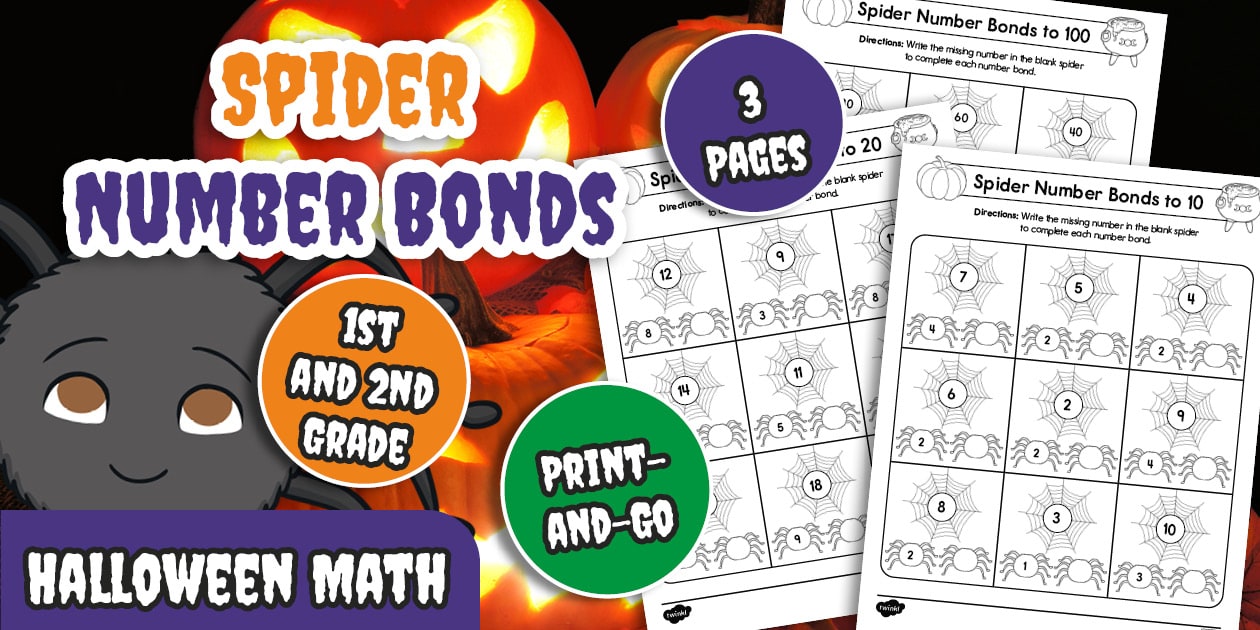 Halloween Spider Number Bonds to 10, 20, and 100 - Twinkl