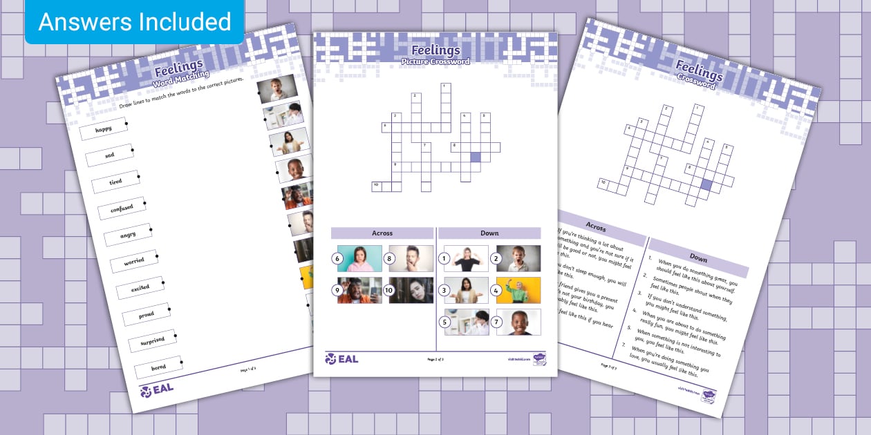 Feelings Vocabulary Crosswords for EAL Learners - Twinkl
