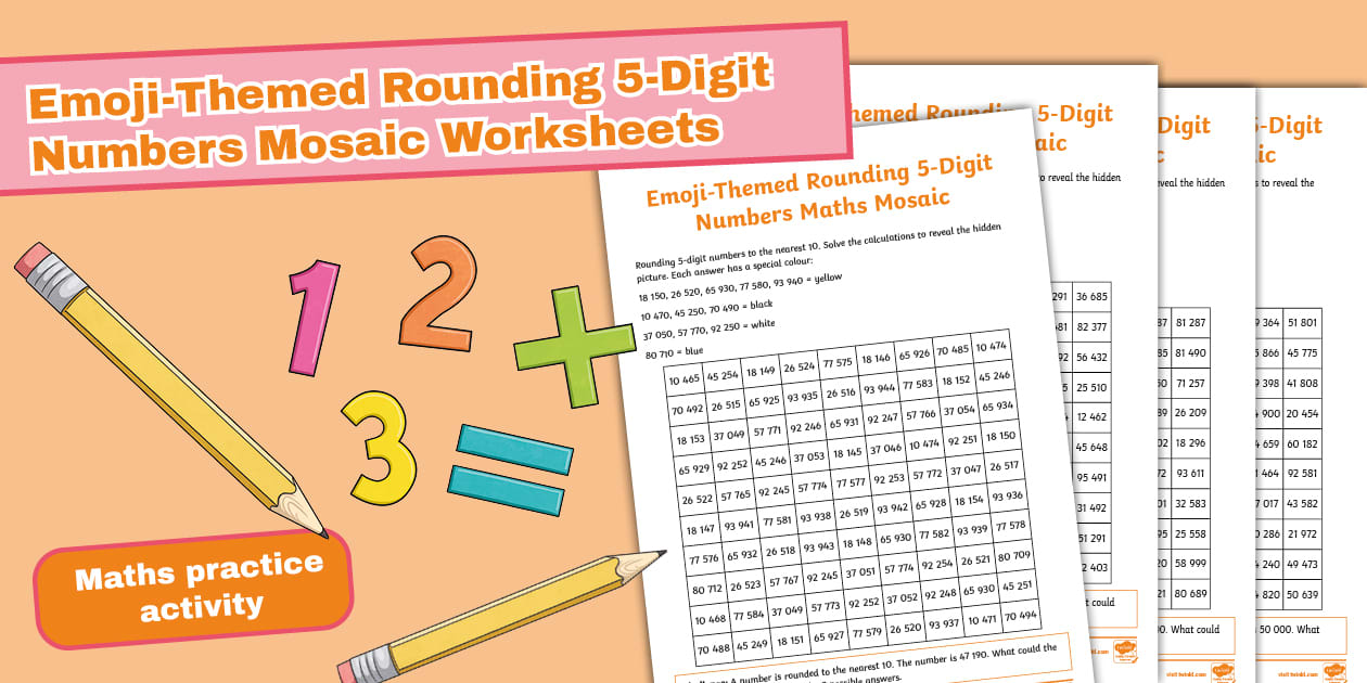👉 😊 Emoji-Themed Rounding 5-Digit Numbers Mosaic Worksheets