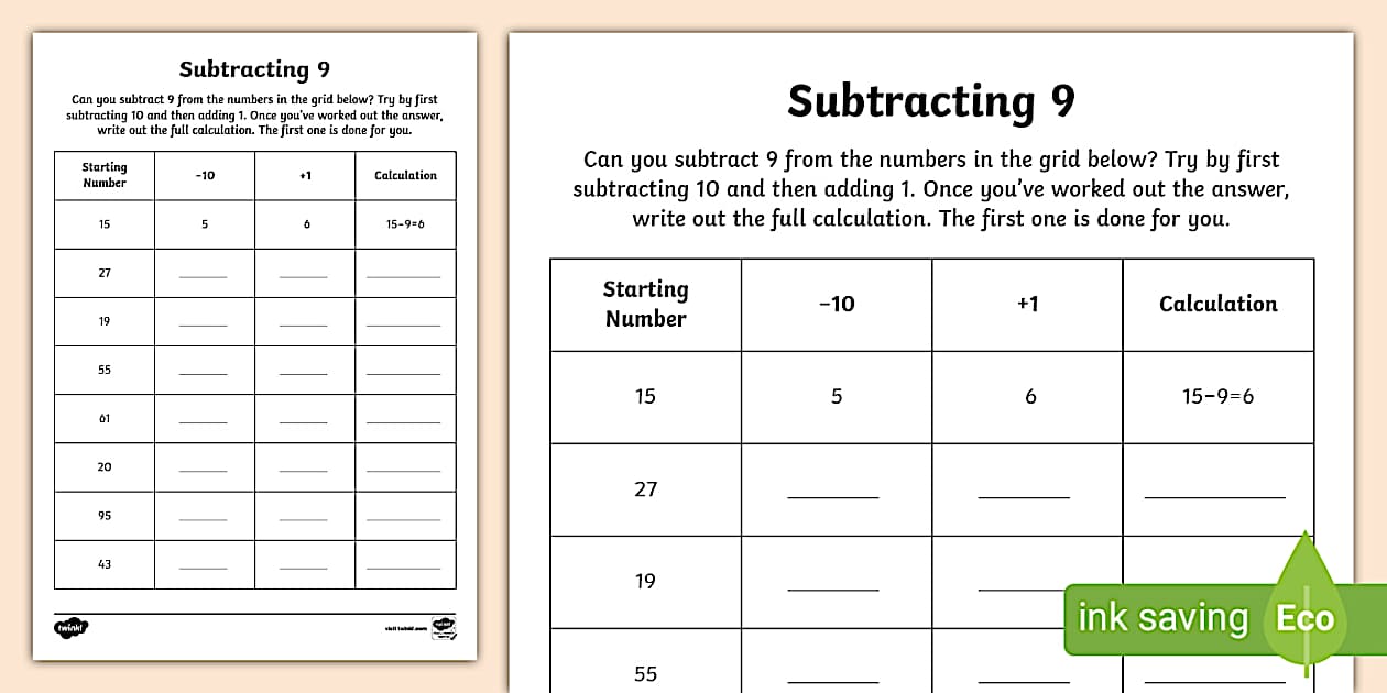 👉 Subtracting 9 Activity Sheet (teacher made) - Twinkl