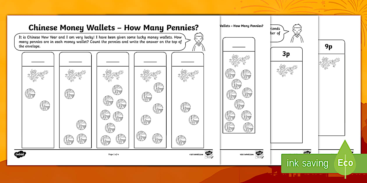 Editable Chinese Money Wallets How Many Pennies? Worksheets