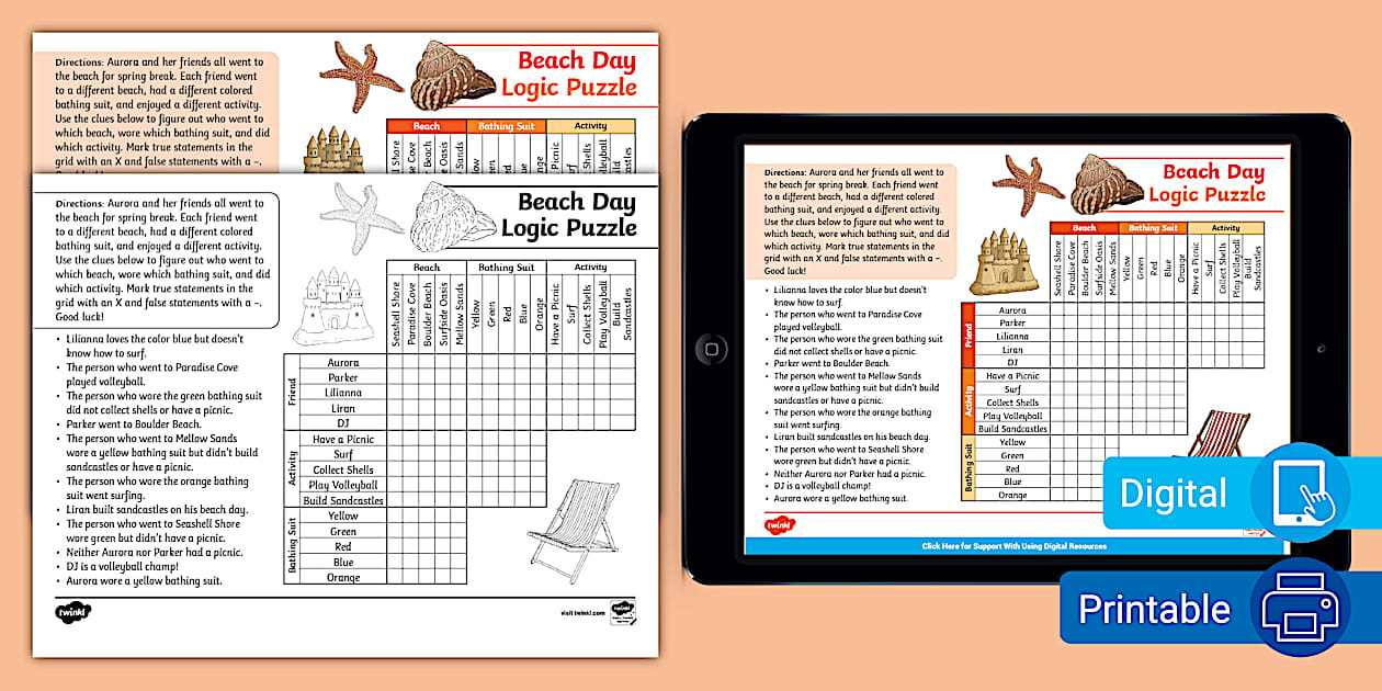 Beach Day Logic Puzzle for 6th-8th Grade