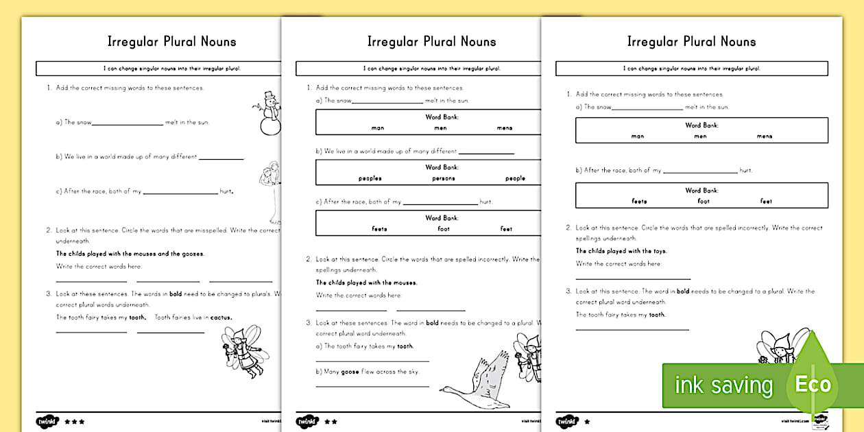 Irregular Plural Nouns Differentiated Worksheet for 3rd-5th Grade