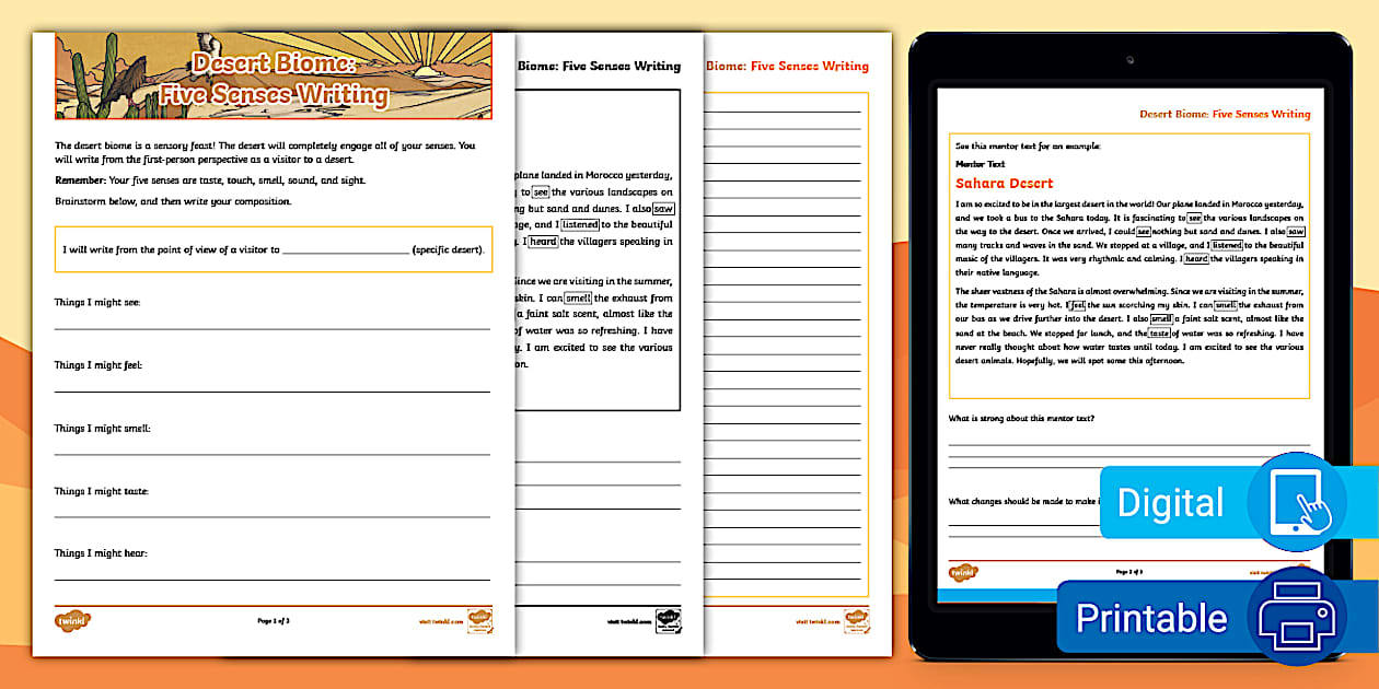 Desert Biome Five Senses Writing Worksheet (teacher made)