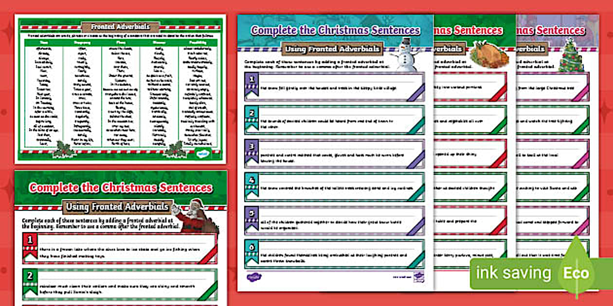 KS2 Christmas Sentences Using Fronted Adverbials Worksheets