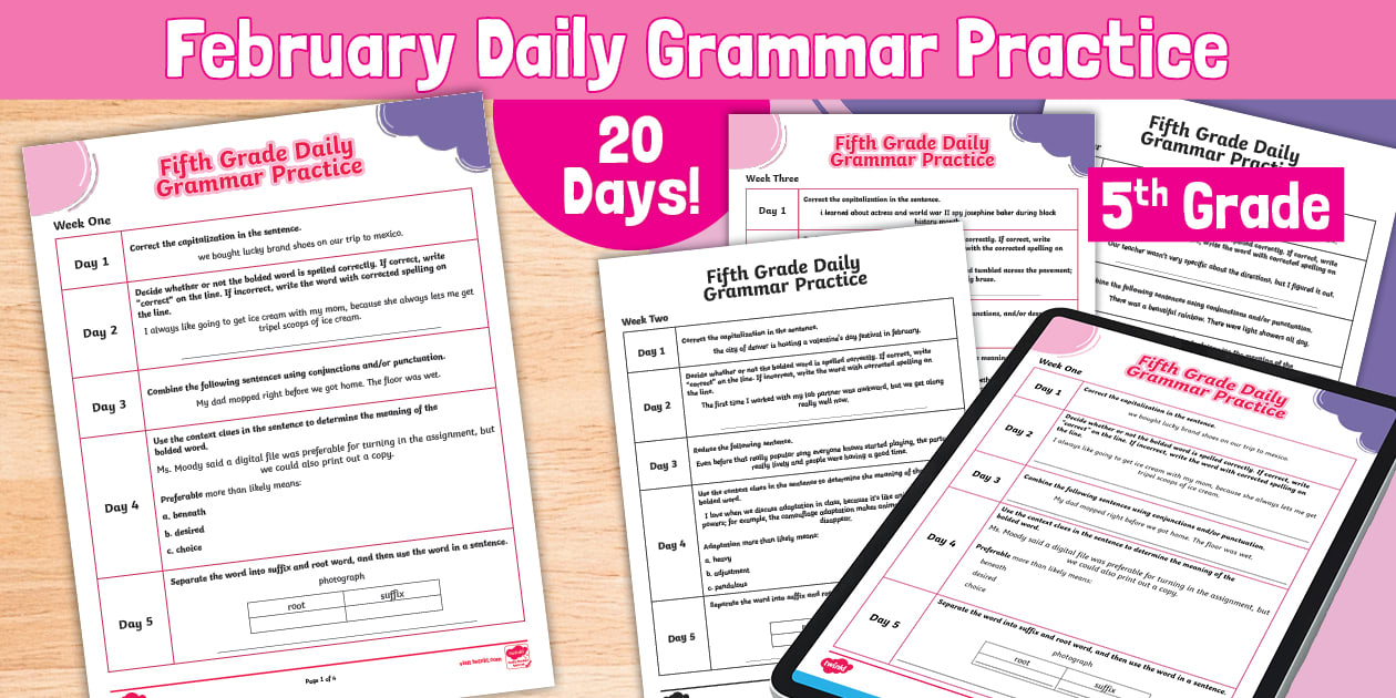 Fifth Grade Daily Grammar Practice for February - Twinkl