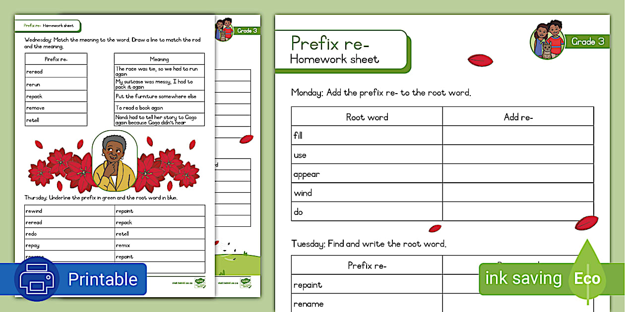 Prefix Re- Homework Sheet - Phonics - Twinkl South Africa