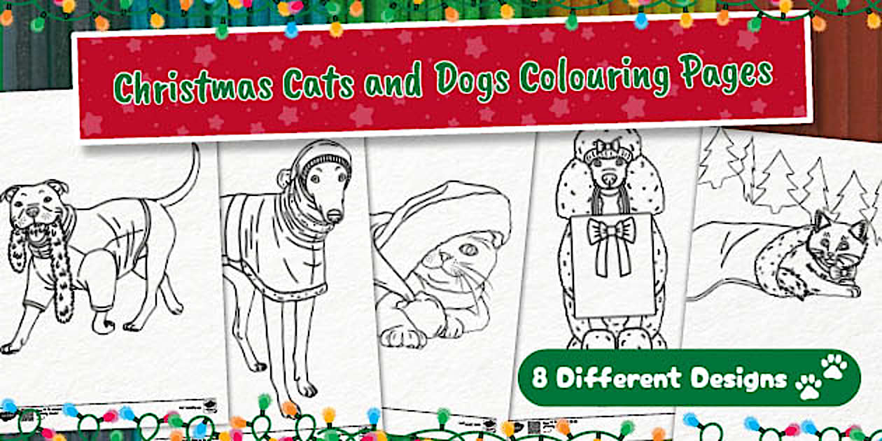 Christmas Cats and Dogs Colouring Pages - Twinkl - KS1